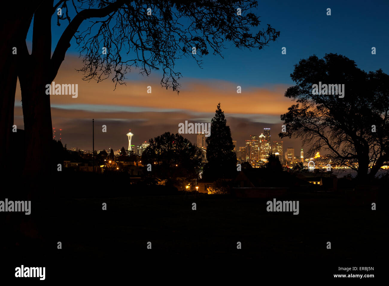 Retro image of the Seattle skyline from Magnolia Bluff sunrise Stock ...