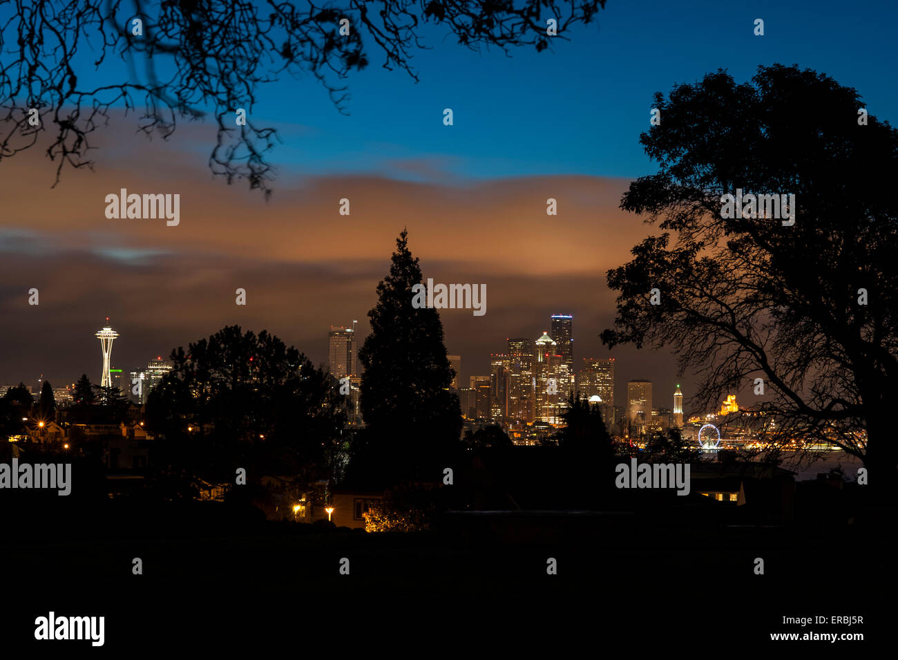 Retro image of the Seattle skyline from Magnolia Bluff sunrise Stock ...