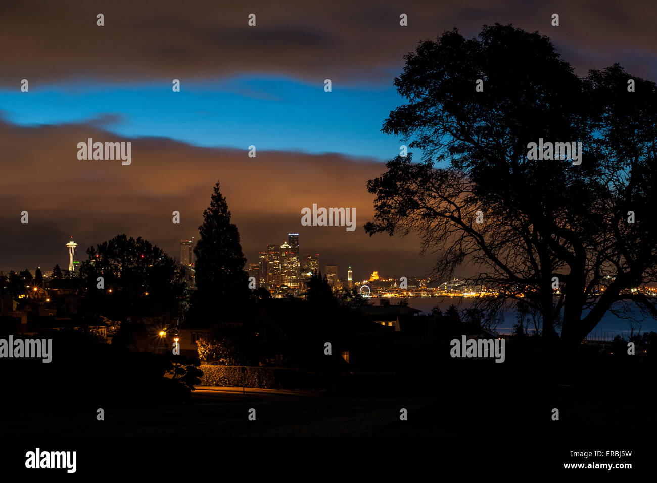 Retro image of the Seattle skyline from Magnolia Bluff sunrise Stock ...