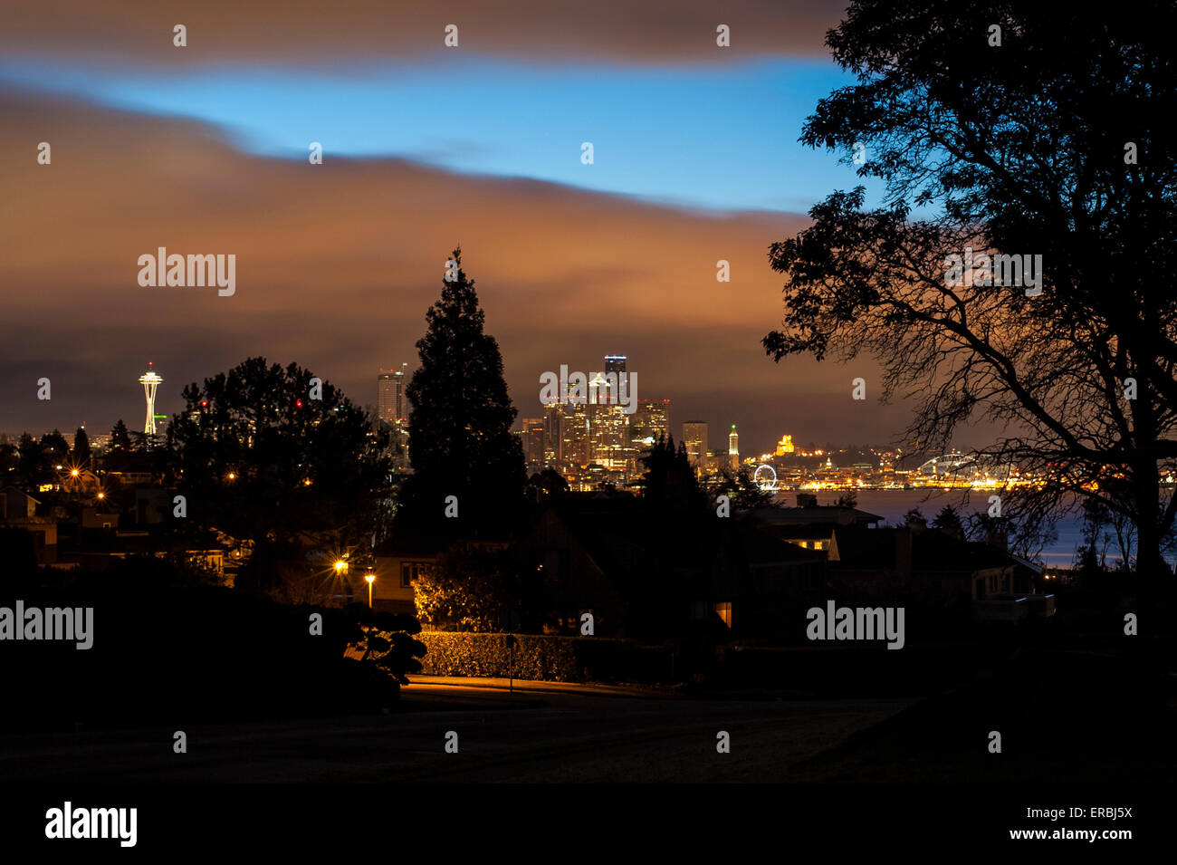 Retro image of the Seattle skyline from Magnolia Bluff sunrise Stock ...