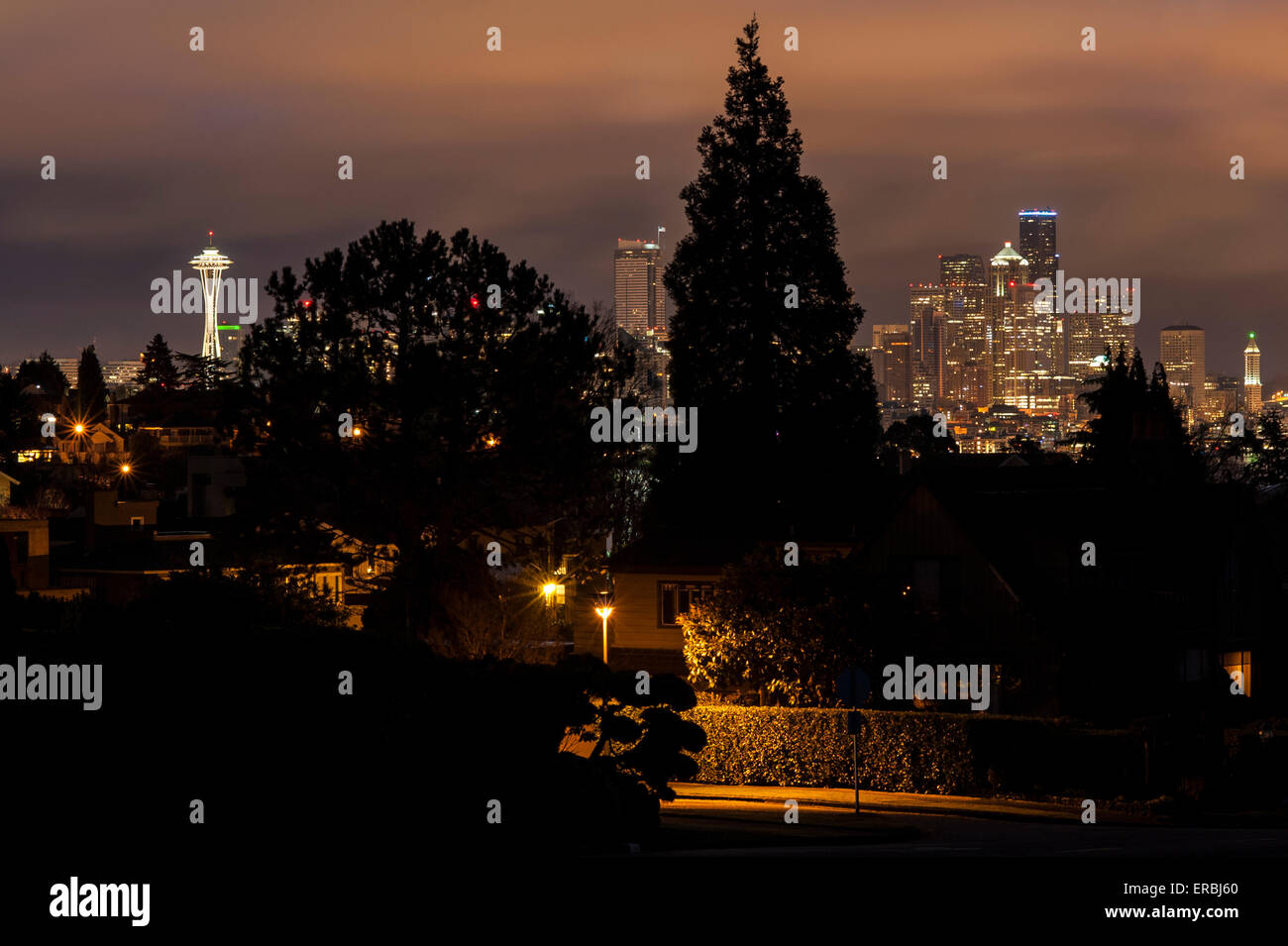 Retro image of the Seattle skyline from Magnolia Bluff sunrise Stock ...