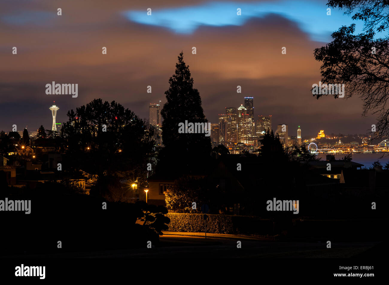 Retro image of the Seattle skyline from Magnolia Bluff sunrise Stock ...