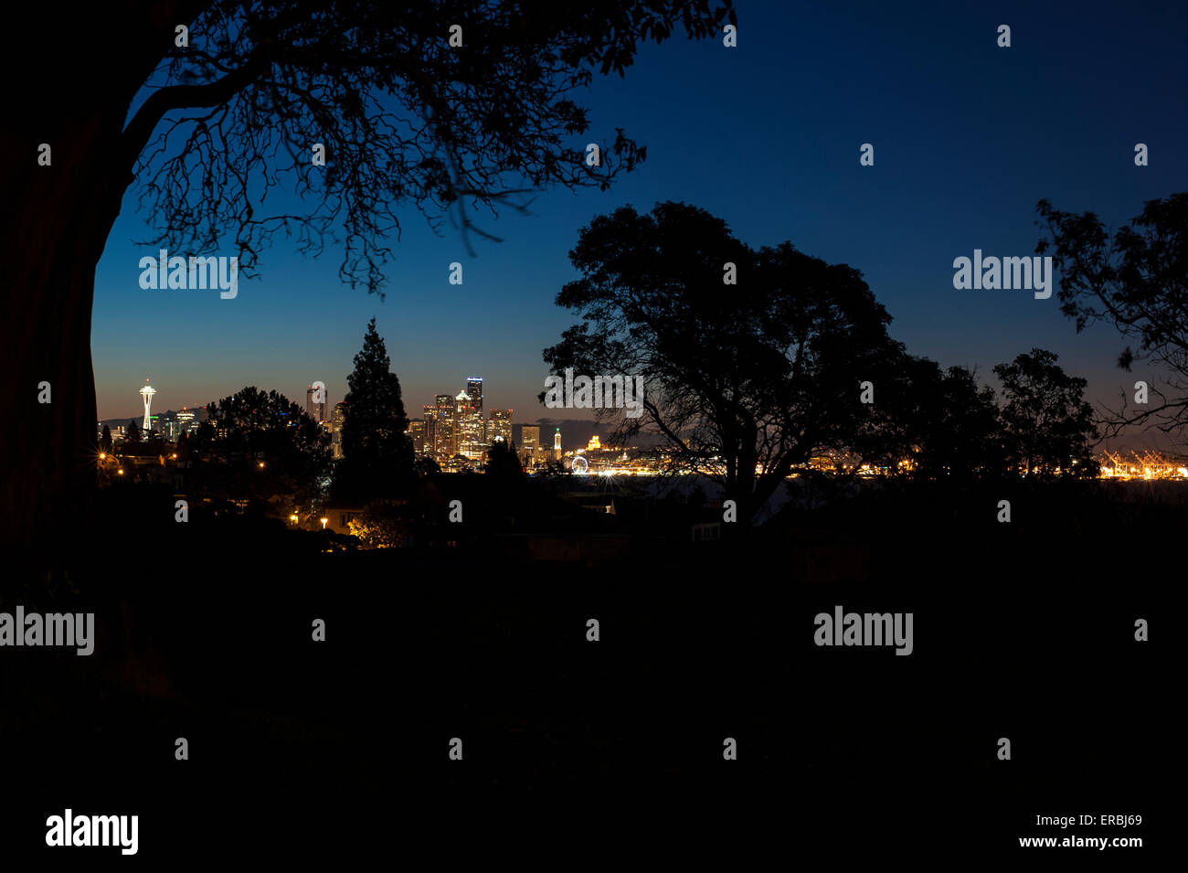 Retro image of the Seattle skyline from Magnolia Bluff sunrise Stock ...