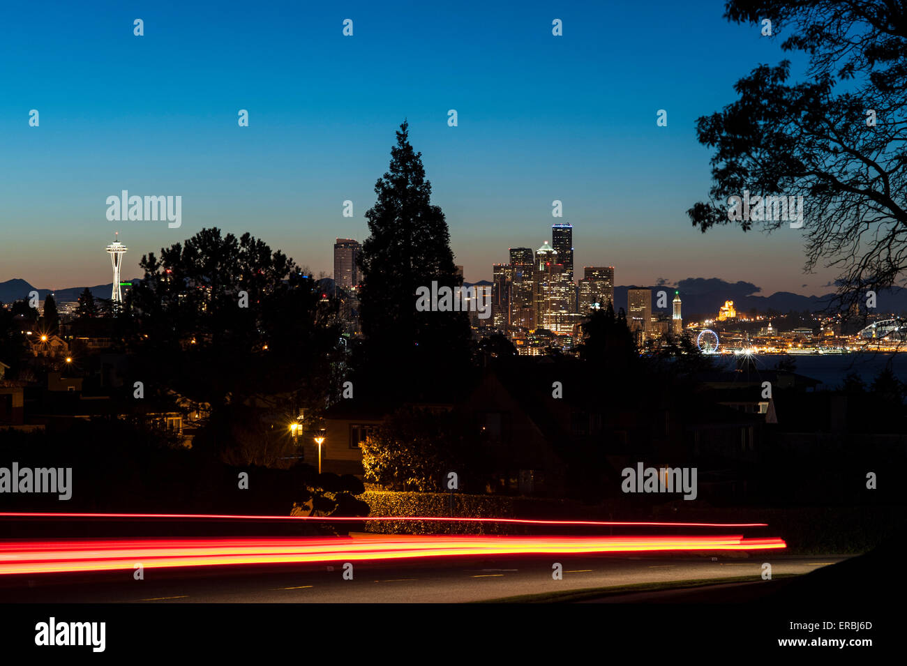 Retro image of the Seattle skyline from Magnolia Bluff sunrise Stock ...