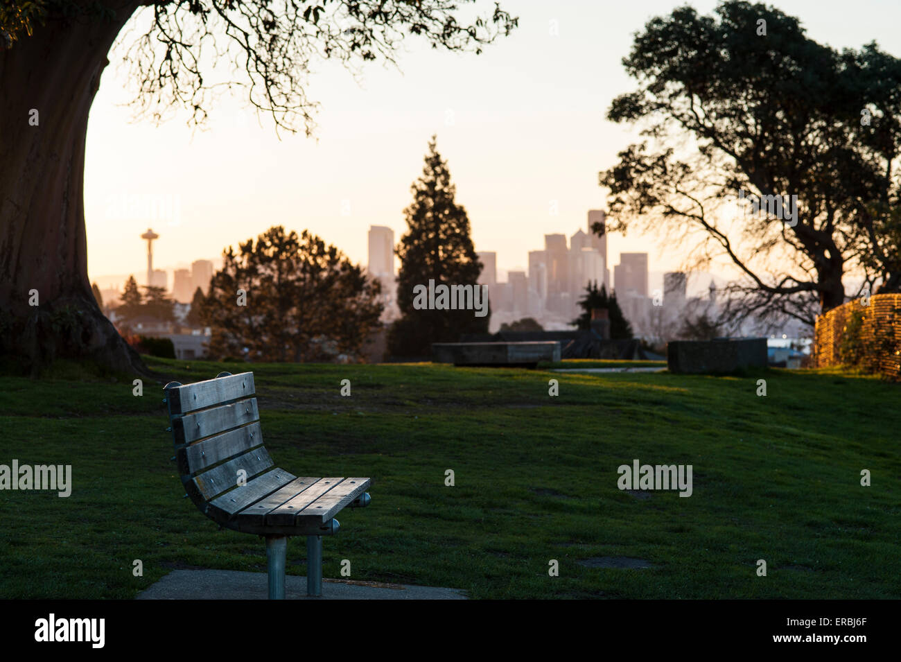 Retro image of the Seattle skyline from Magnolia Bluff sunrise Stock ...