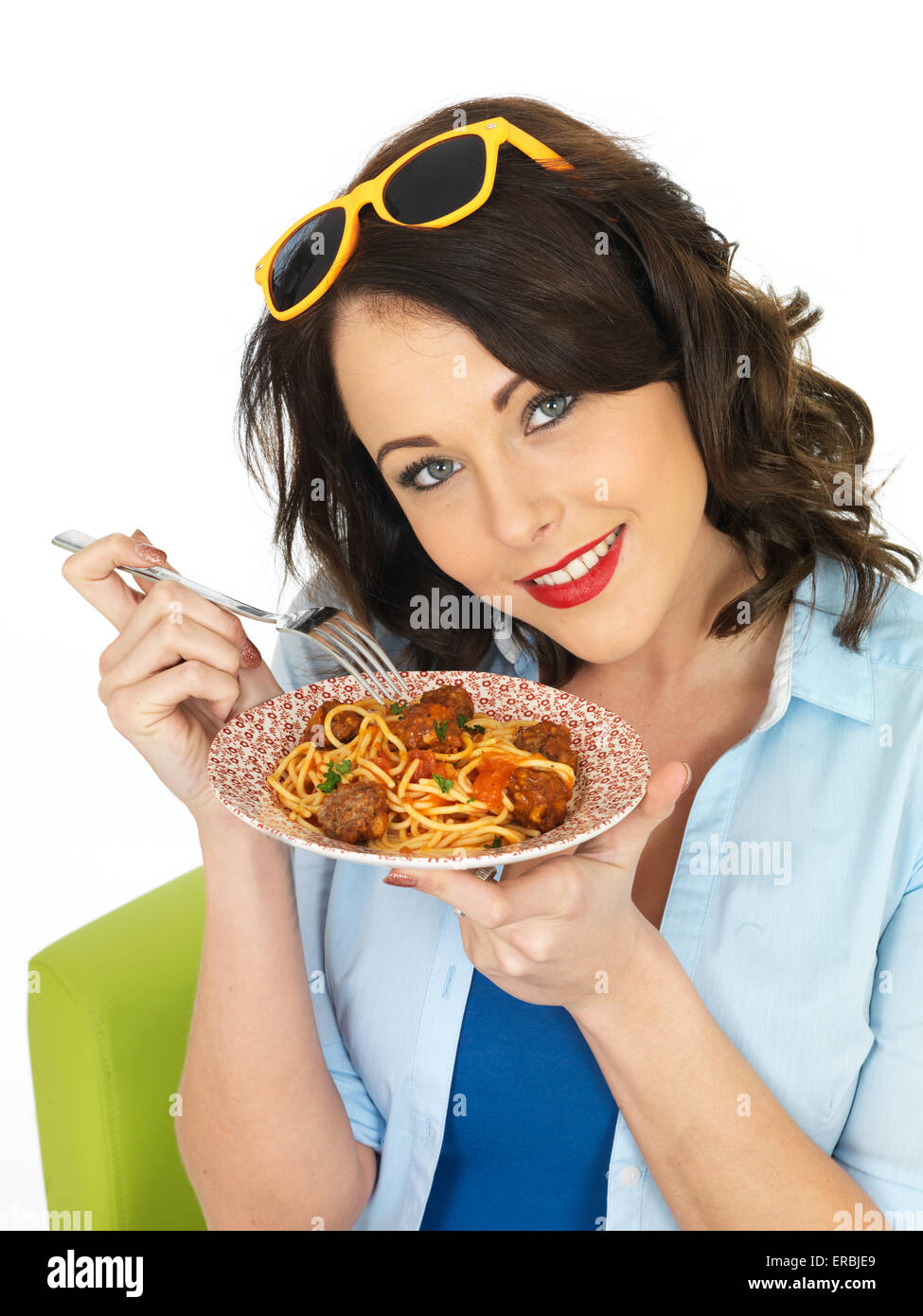 Young Happy Confident Woman Eating Authentic Italian Style Spaghetti