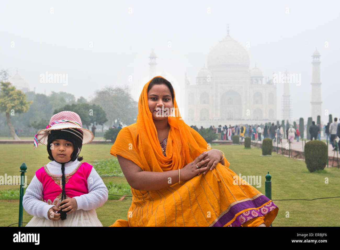 India, Uttar Pradesh, Agra, Woman with son in front of Taj Mahal Stock ...