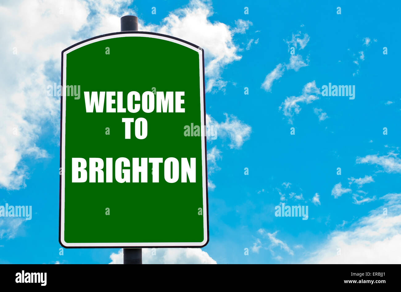 Green road sign with greeting message WELCOME TO BRIGHTON, ENGLAND ...