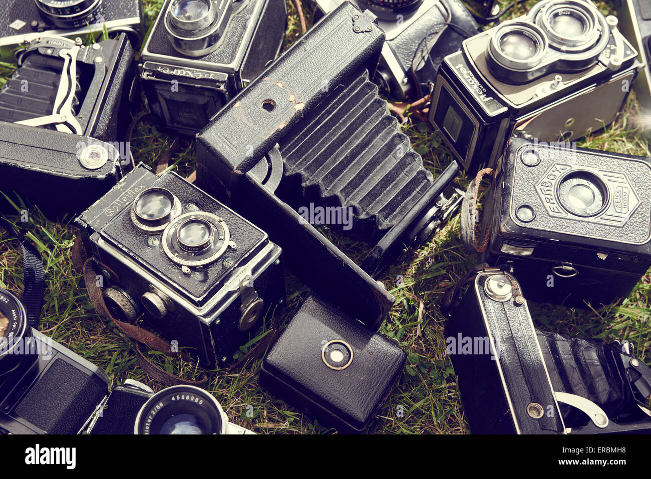 Collection of old vintage retro film analogue cameras lying on green ...
