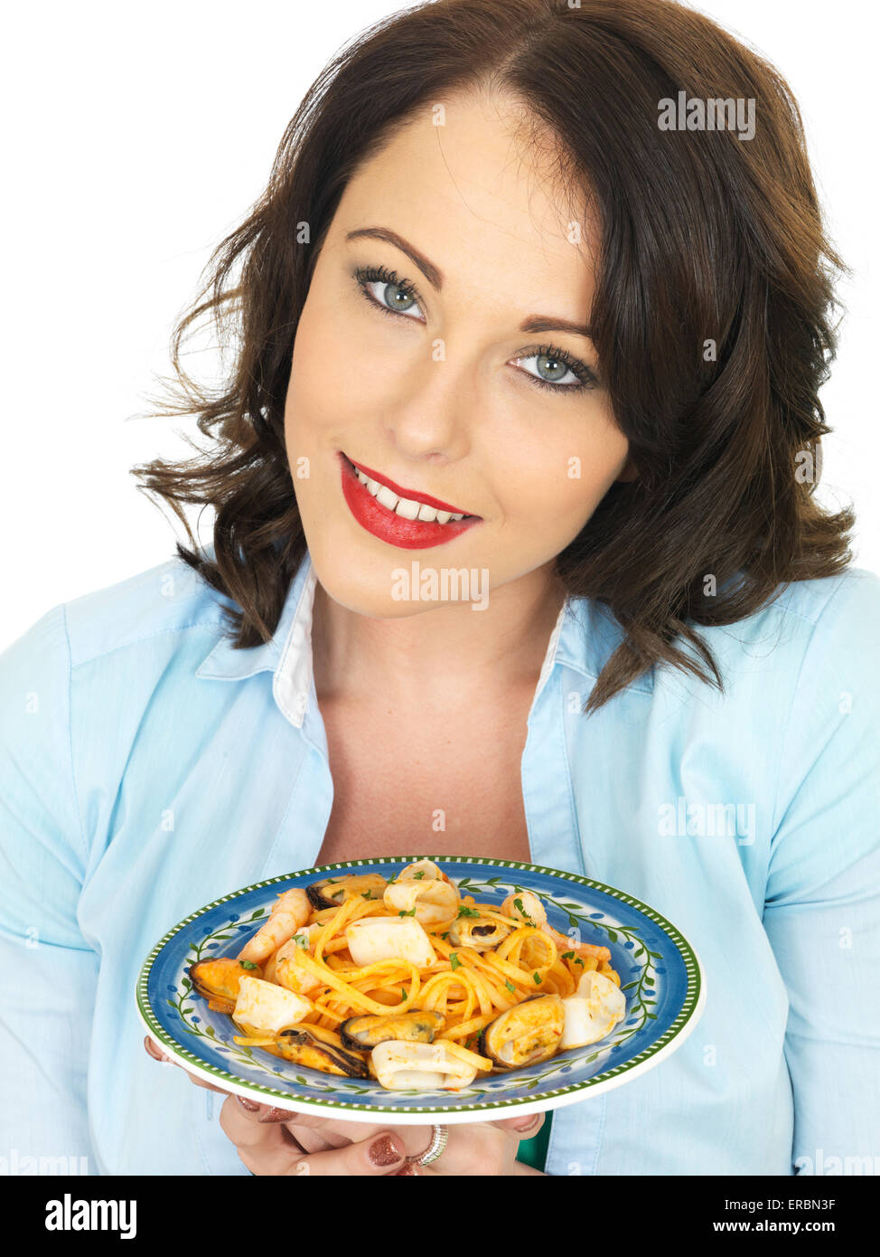 Confident Happy Young Woman Eating Italian Style Seafood Linguine Pasta