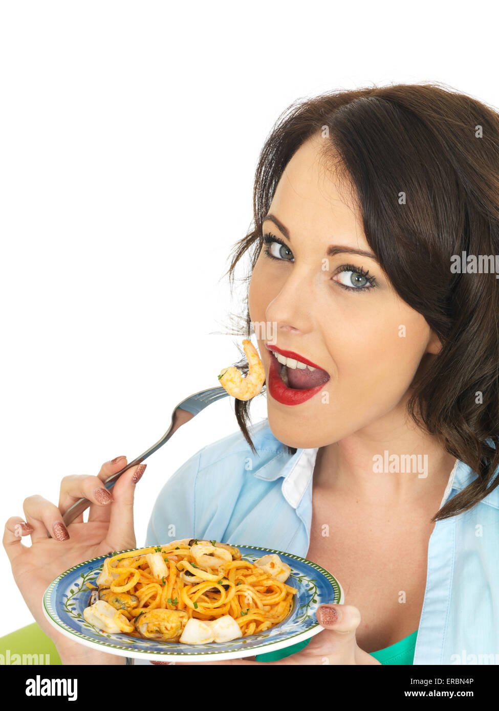 Confident Happy Young Woman Eating Italian Style Seafood Linguine Pasta ...