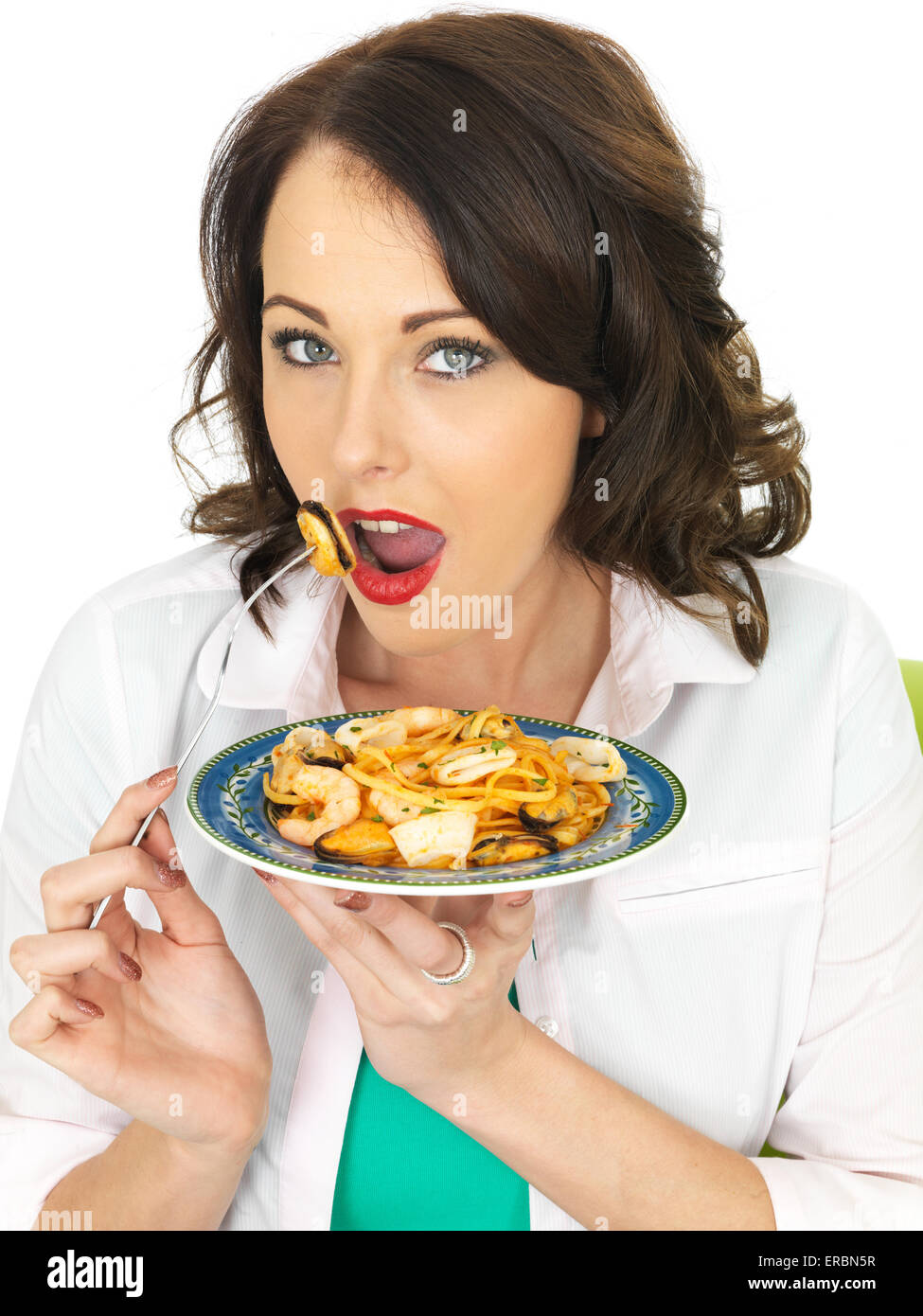 Confident Happy Young Woman Eating Italian Style Seafood Linguine Pasta ...