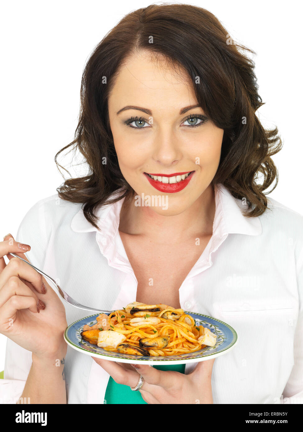 Confident Happy Young Woman Eating Italian Style Seafood Linguine Pasta ...