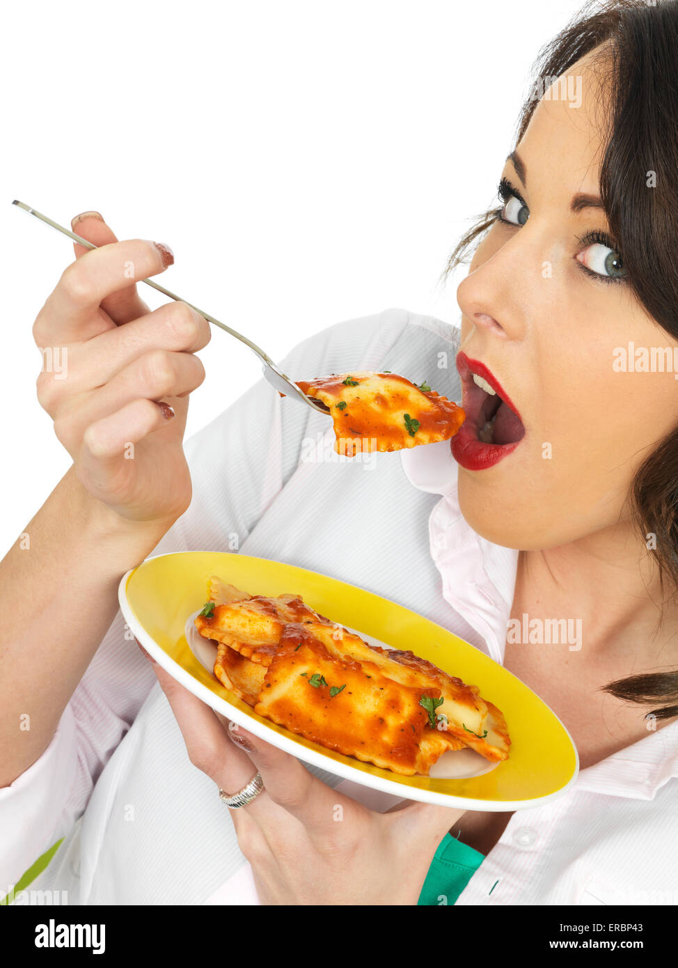 Young Woman Eating An Authentic Italian Vegetarian Ravioli Pasta Meal ...