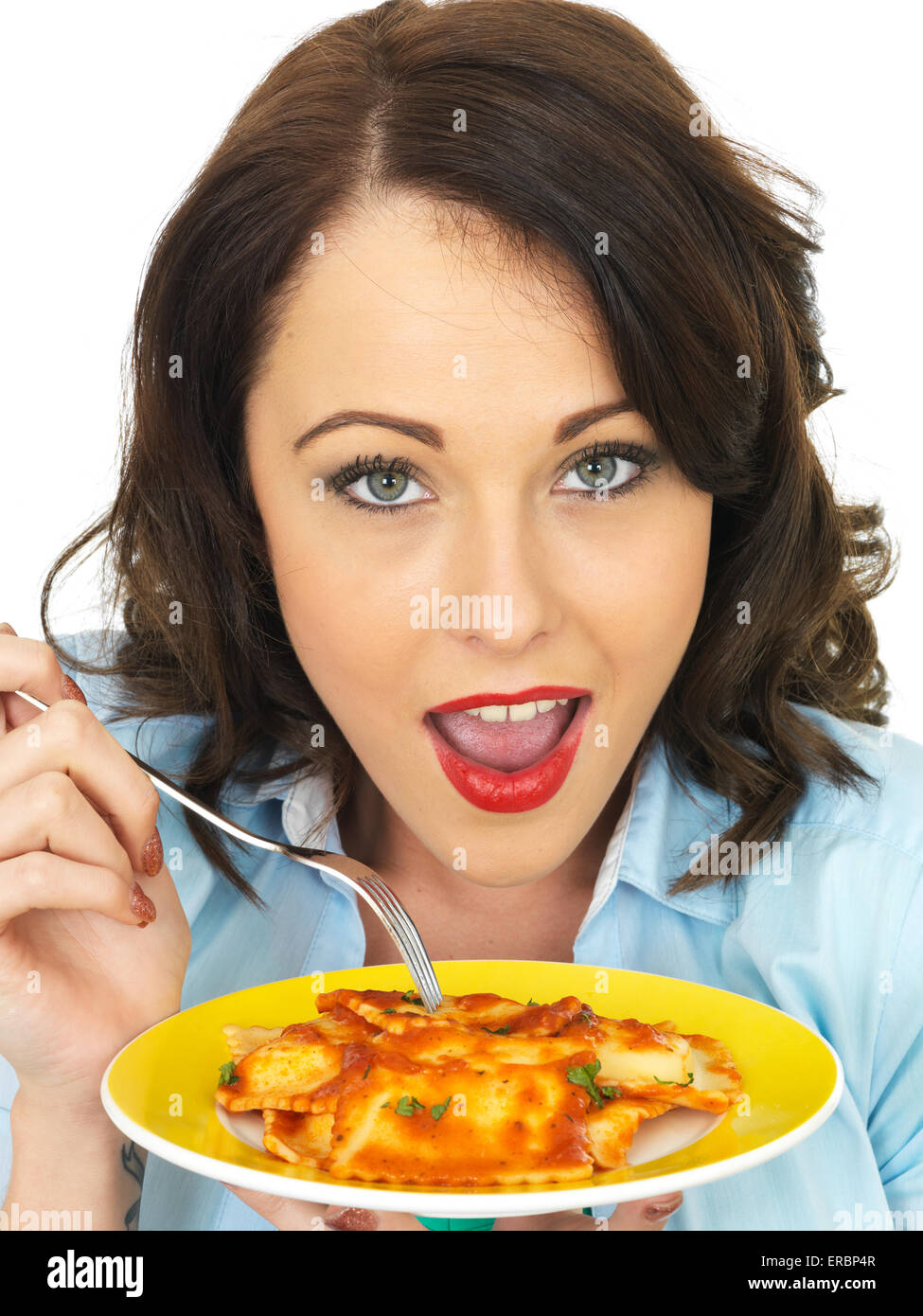 Young Woman Eating An Authentic Italian Vegetarian Ravioli Pasta Meal ...