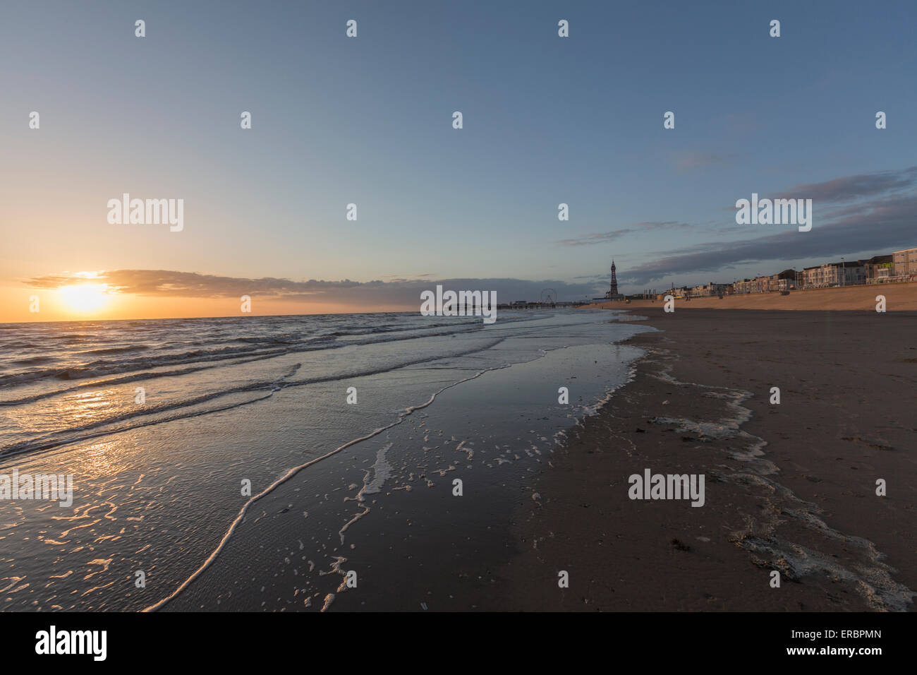 Blackpool beach and promenade at sunset Stock Photo - Alamy