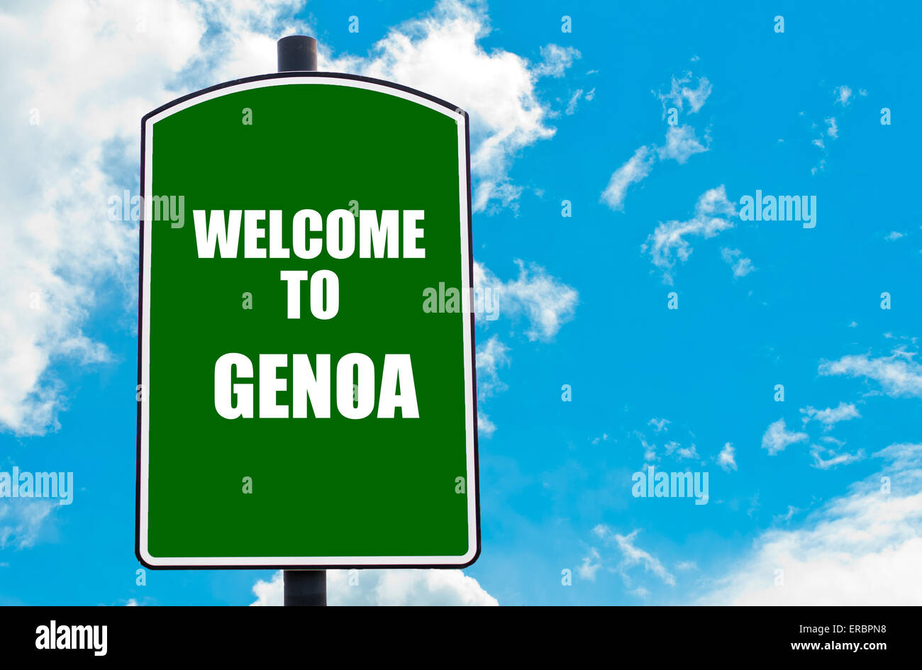 Green road sign with greeting message WELCOME TO GENOA, ITALY isolated ...