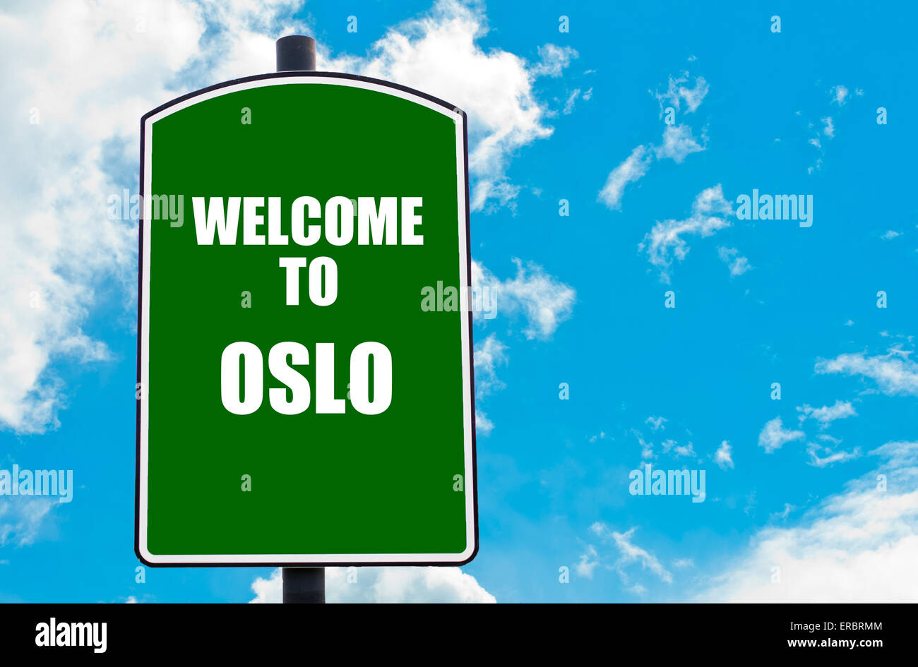 Green road sign with greeting message WELCOME TO OSLO isolated over ...