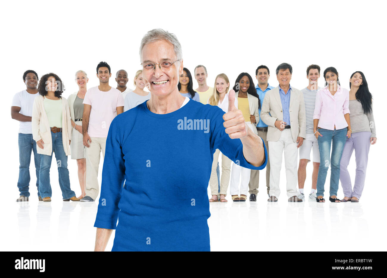 Senior adult thump up and standing out from crowd Stock Photo - Alamy