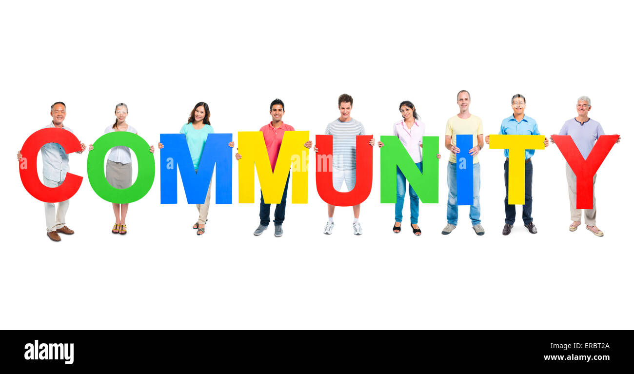 Multi-ethnic group of people holding "Community" letters Stock Photo ...