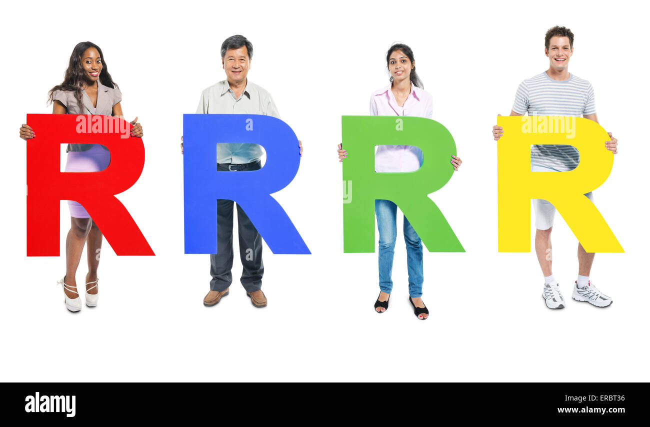 Multi-ethnic group of people holding letter "R Stock Photo - Alamy