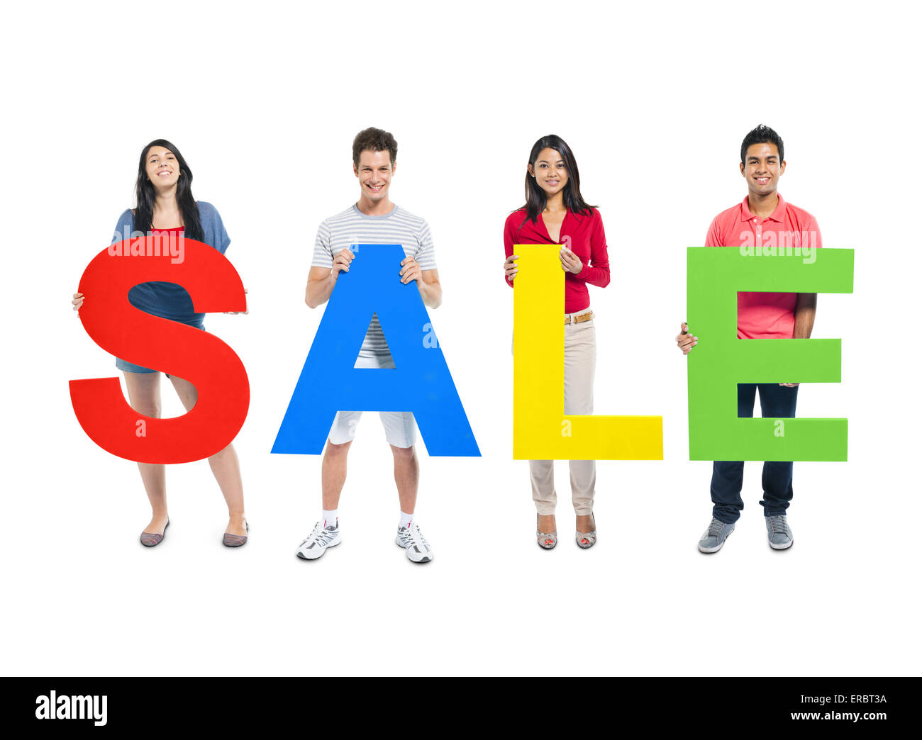 Multi-ethnic group of people holding "SALE" letters Stock Photo - Alamy