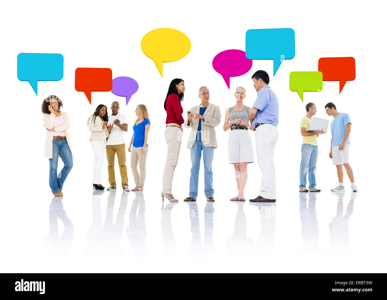 Mullti-ethnic group of people talking and using communication device ...