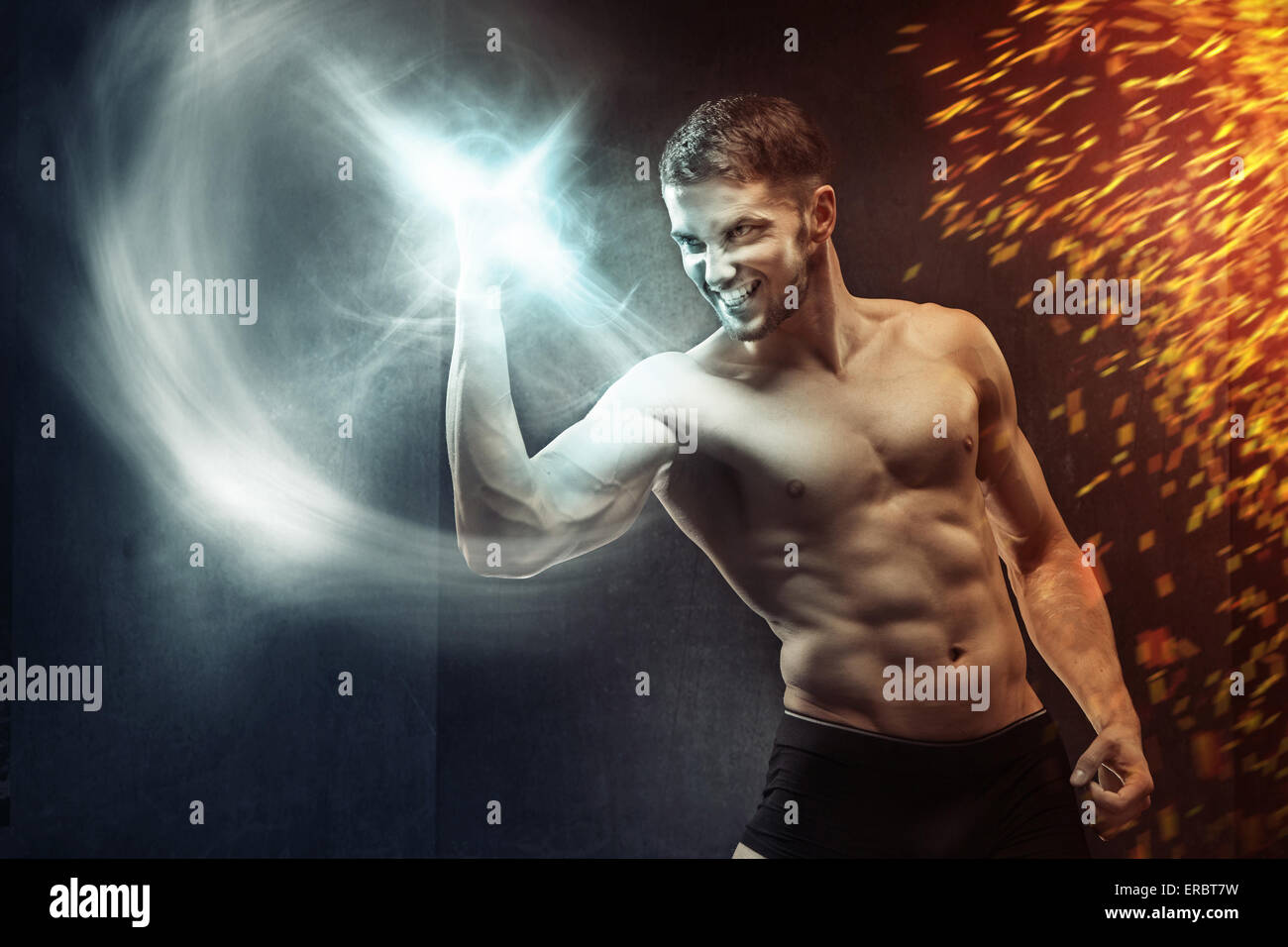 Mighty man holding a power in the hand Stock Photo - Alamy