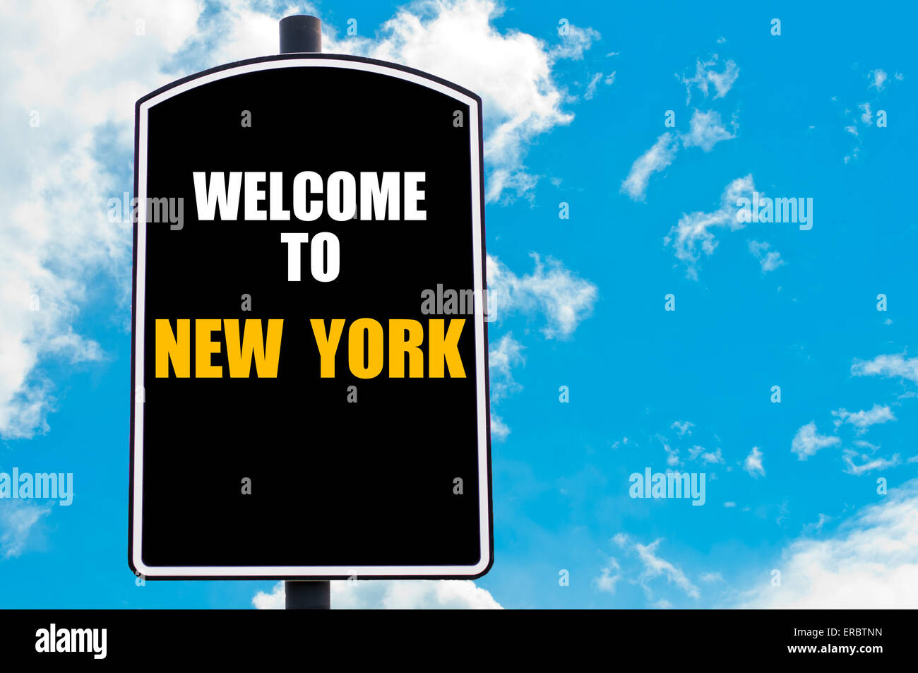 Black road sign with greeting message WELCOME TO NEW YORK isolated over ...