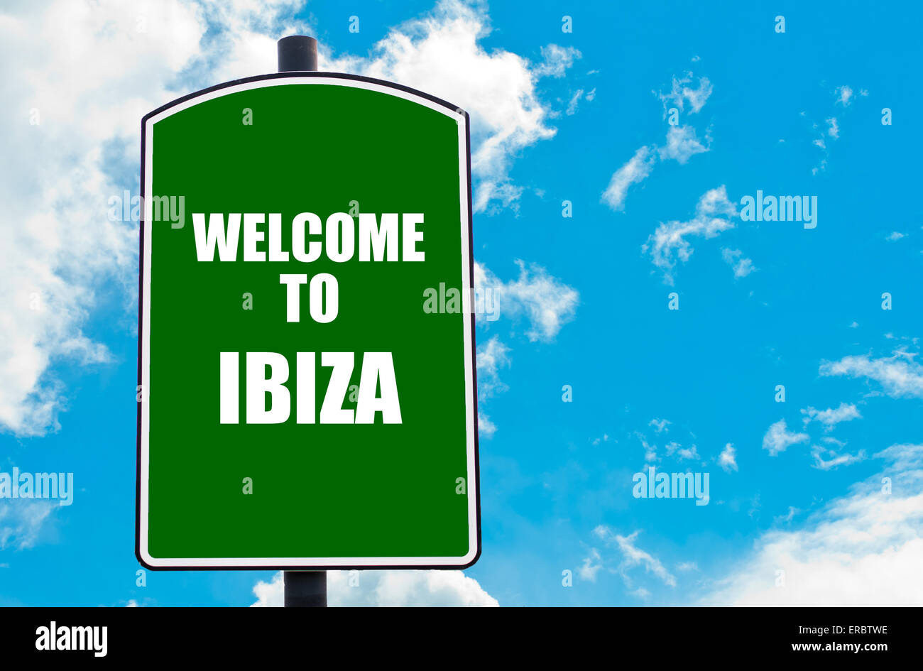 Green road sign with greeting message WELCOME TO IBIZA, SPAIN isolated ...