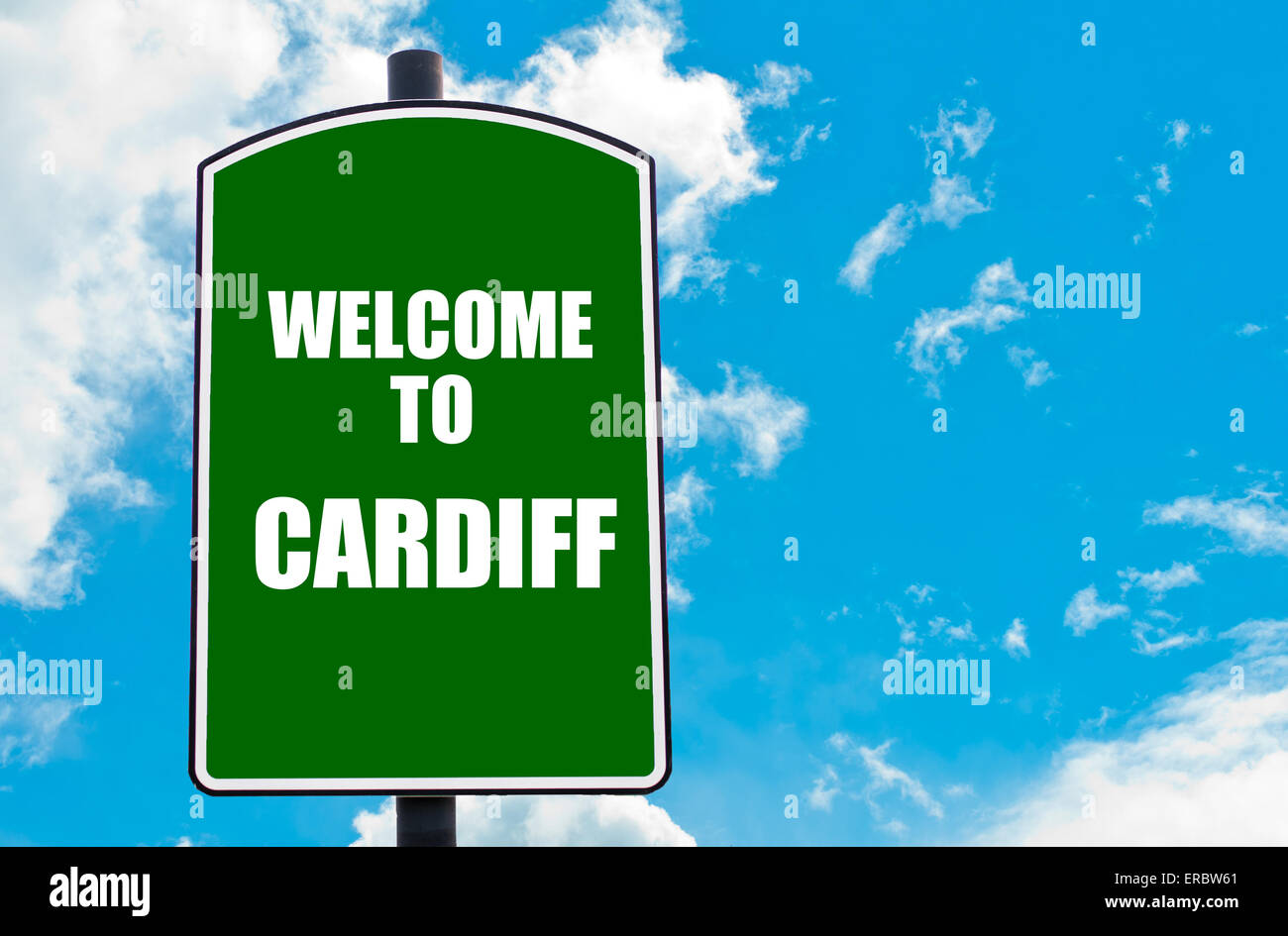 Green road sign with greeting message WELCOME TO CARDIFF, WALES ...