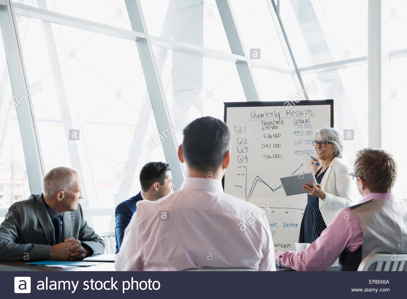 Smiling businesswoman using whiteboard hi-res stock photography and ...
