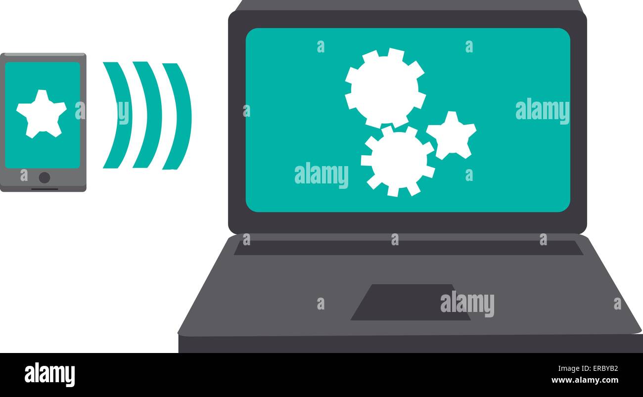 Vector illustration of computer and smartphone with cog wheels ...