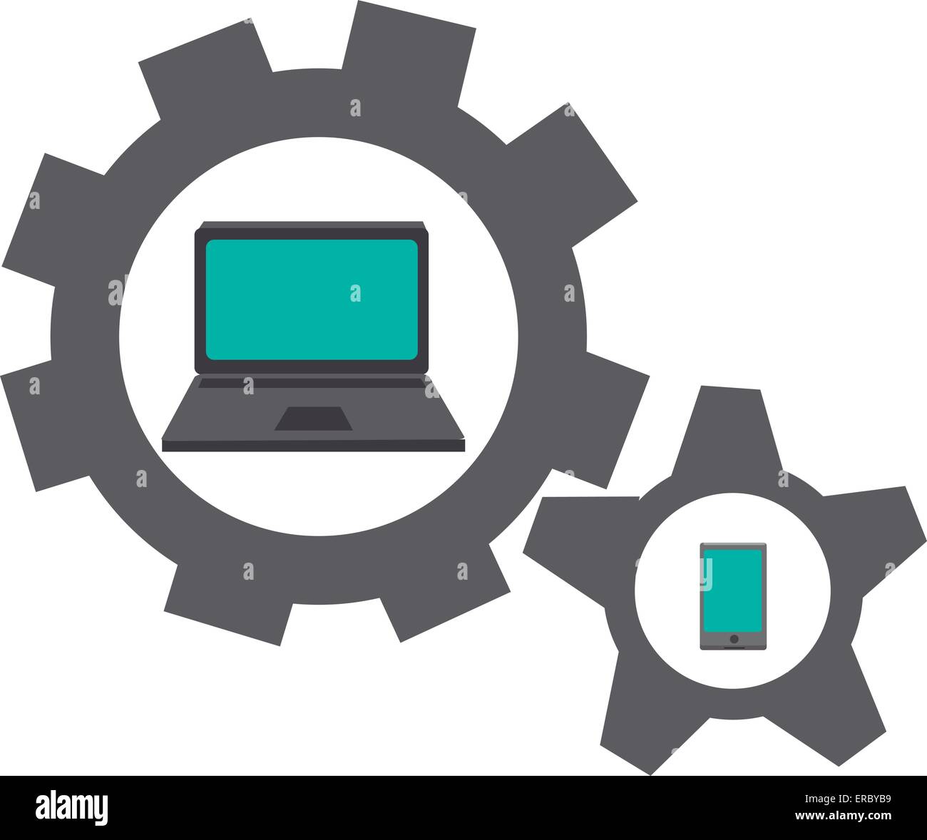 Vector illustration of computer and smartphone inside cog wheels ...
