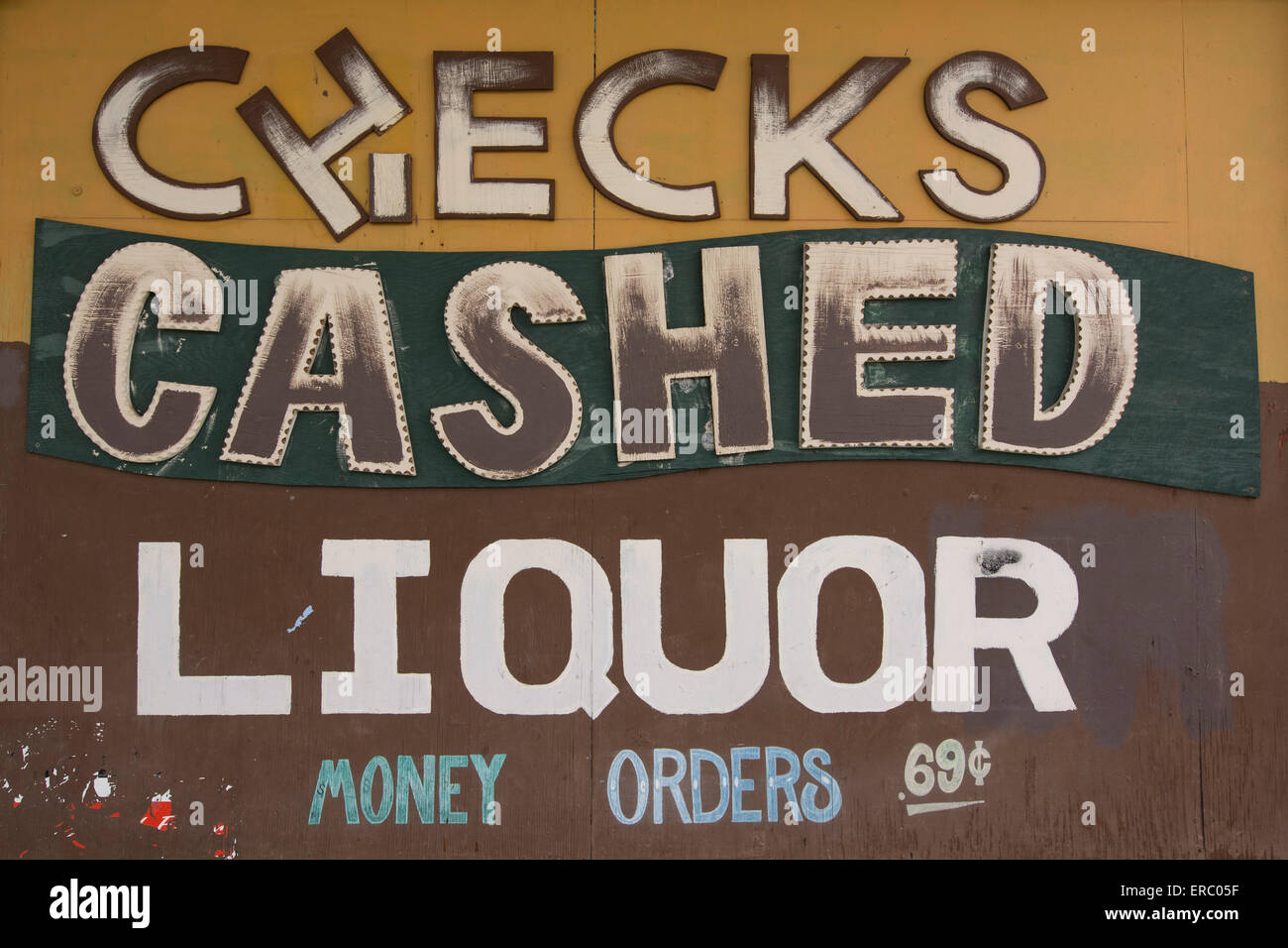 A Checks Cashed sign on a storefront, Highway 395, California Stock ...