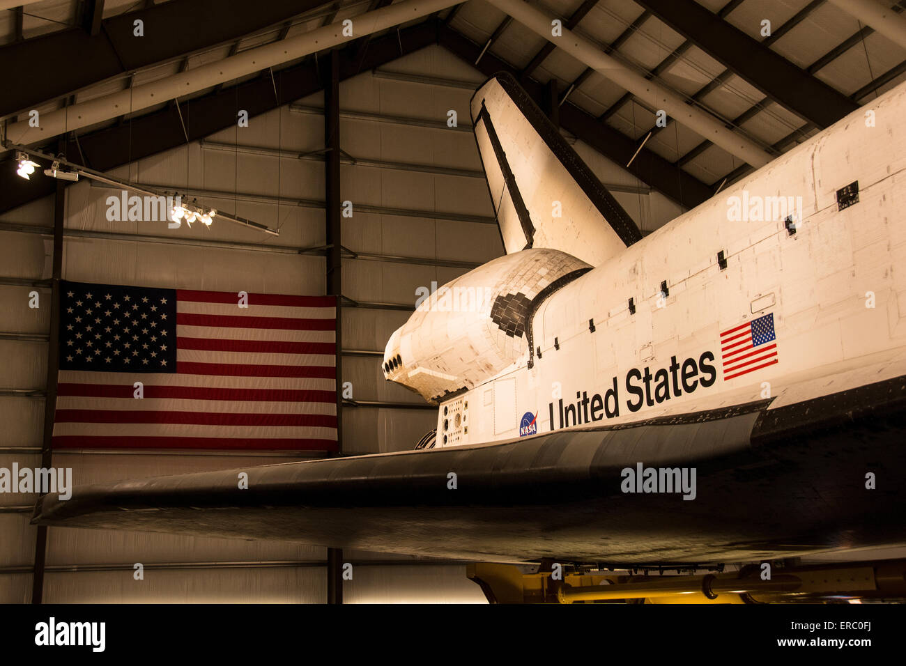 The tail end of the space shuttle Endeavor with the American flag in ...