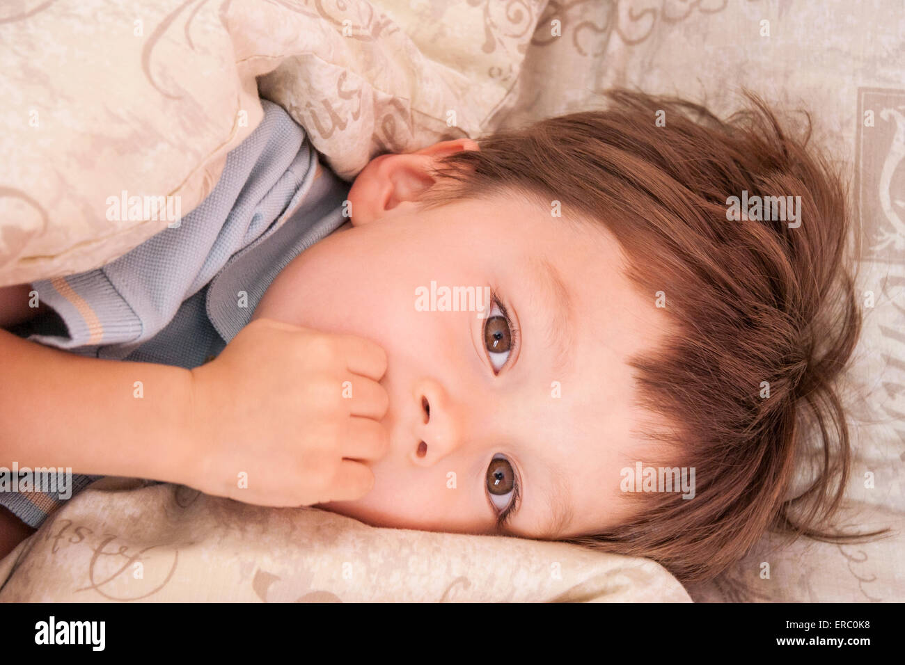 Close up of face of Caucasian infant child, boy, 3-4 years old, brown ...