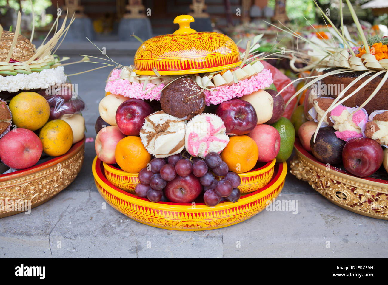 Baskets of fruit are displayed at a temple as an offering to the Hindu ...