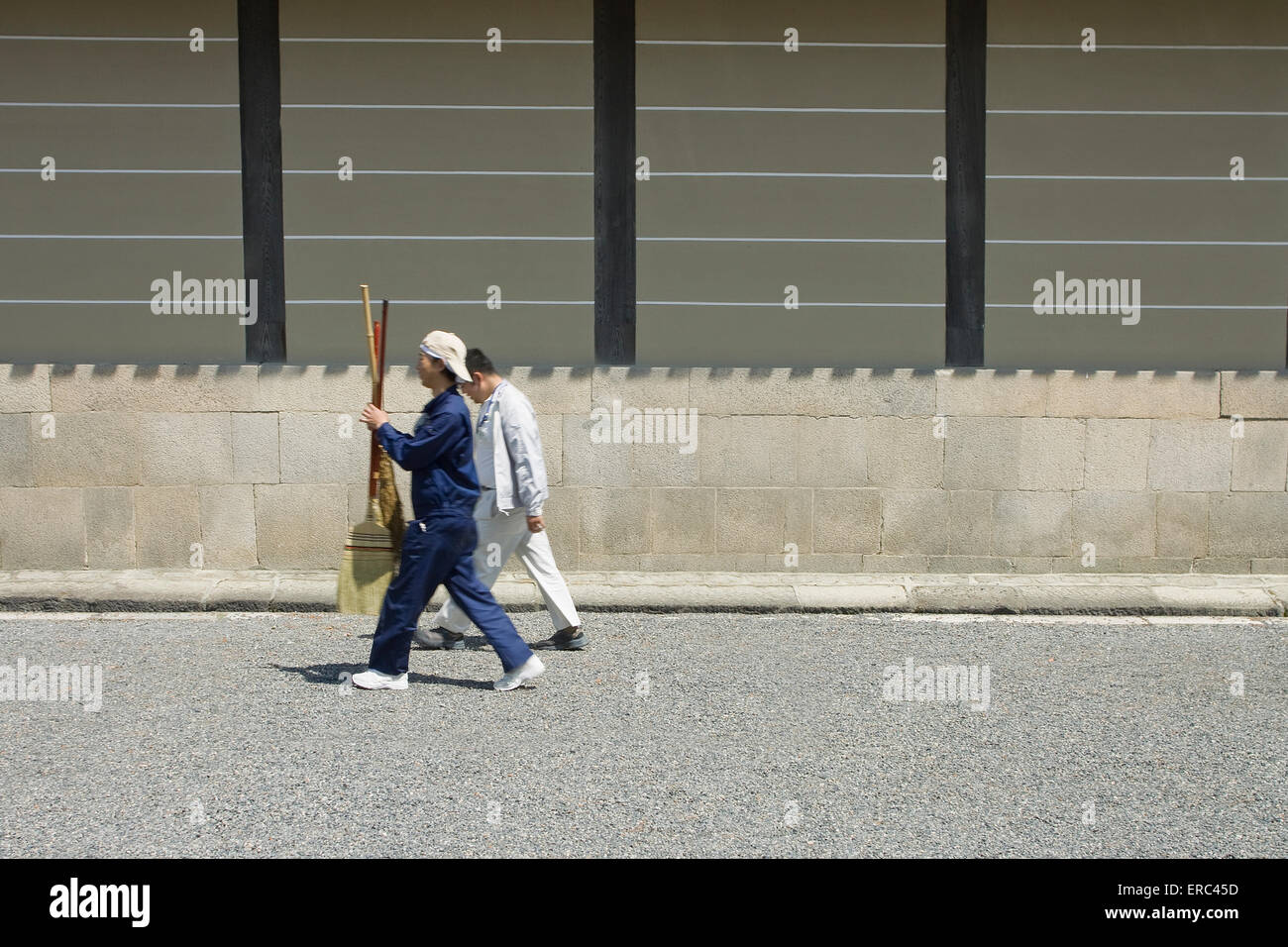 two men walking around the perimeter of the Imperial palace in kyoto ...