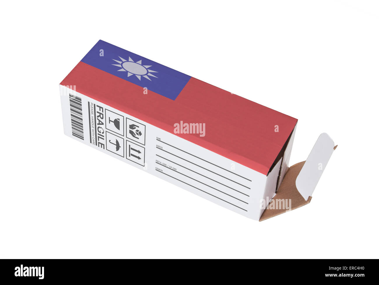 Concept of export, opened paper box - Product of Taiwan Stock Photo - Alamy