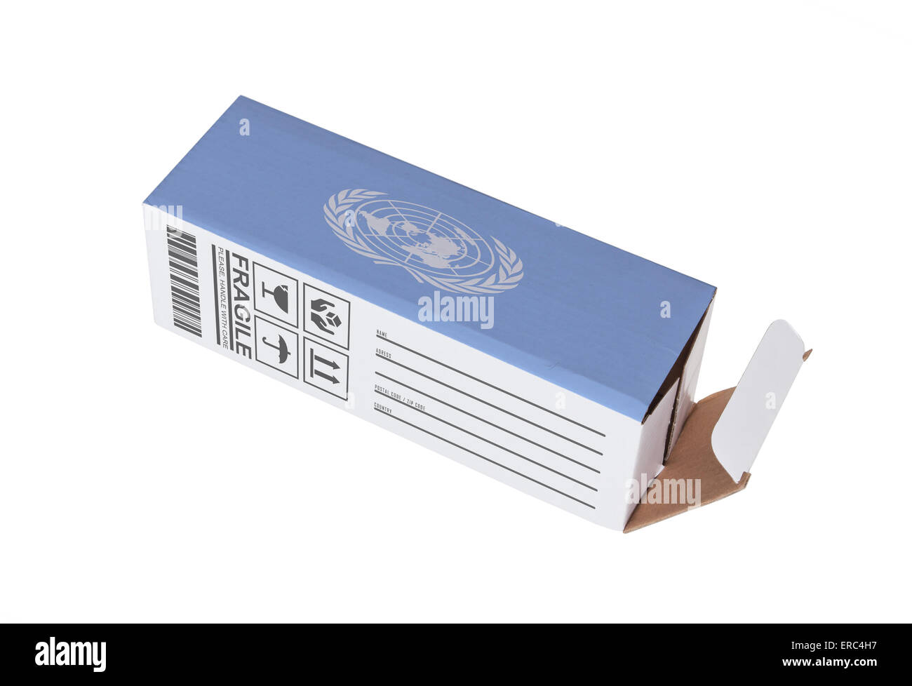 Concept of export, opened paper box - Product of the United Nations ...