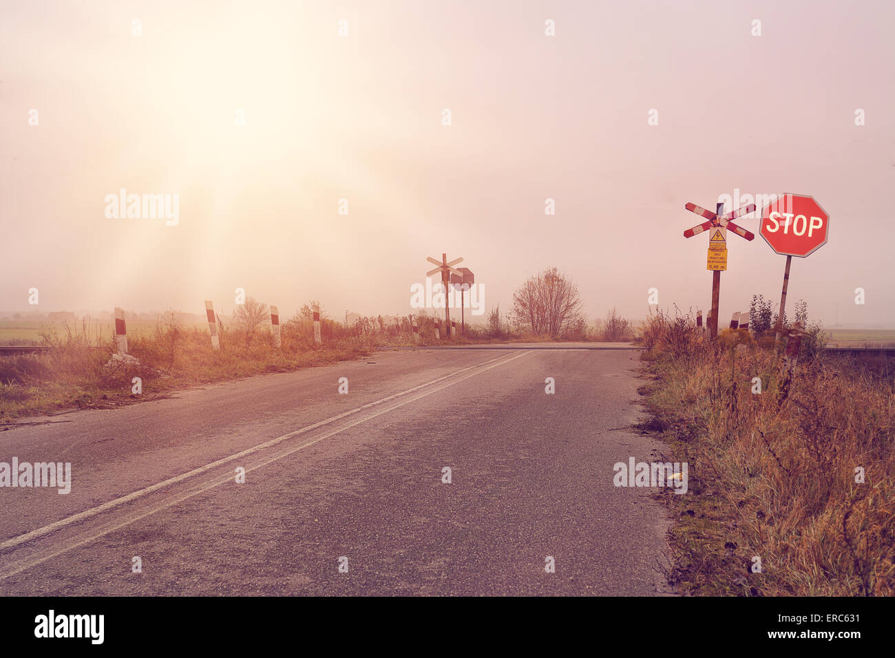 Stop sign on a rural road on rail crossing Stock Photo - Alamy
