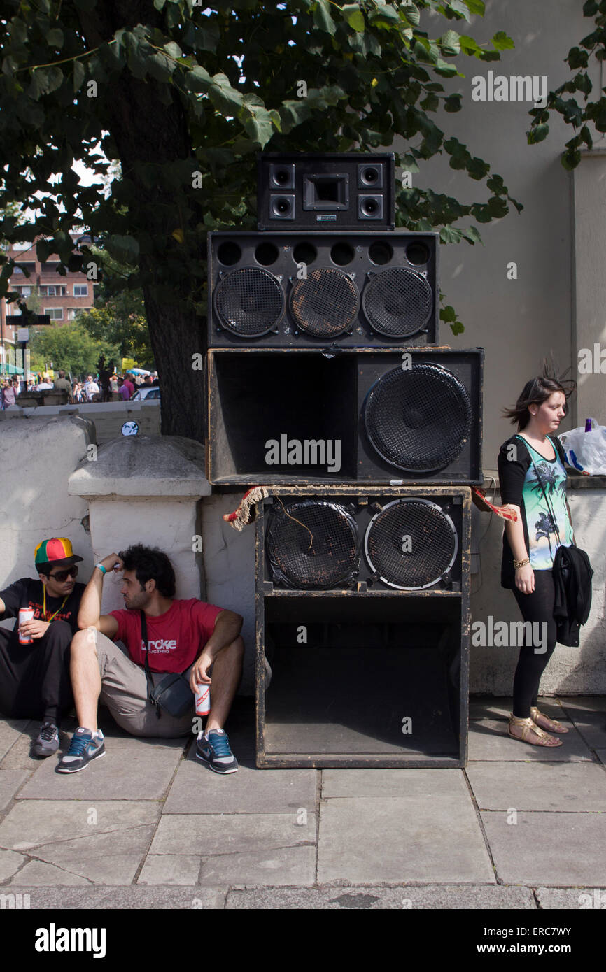 Speaker stack outside during the Notting Hill carnival Stock Photo - Alamy