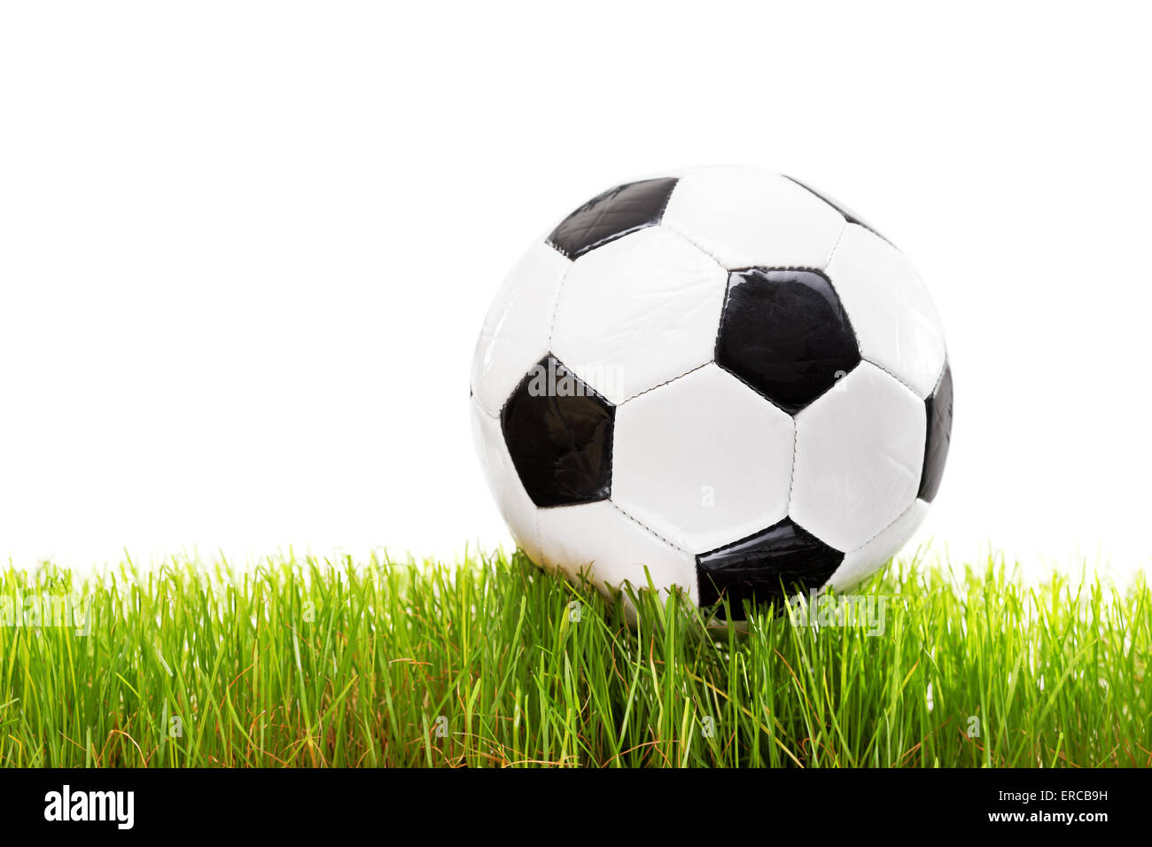 White and black football on a grass surface isolated on white ...
