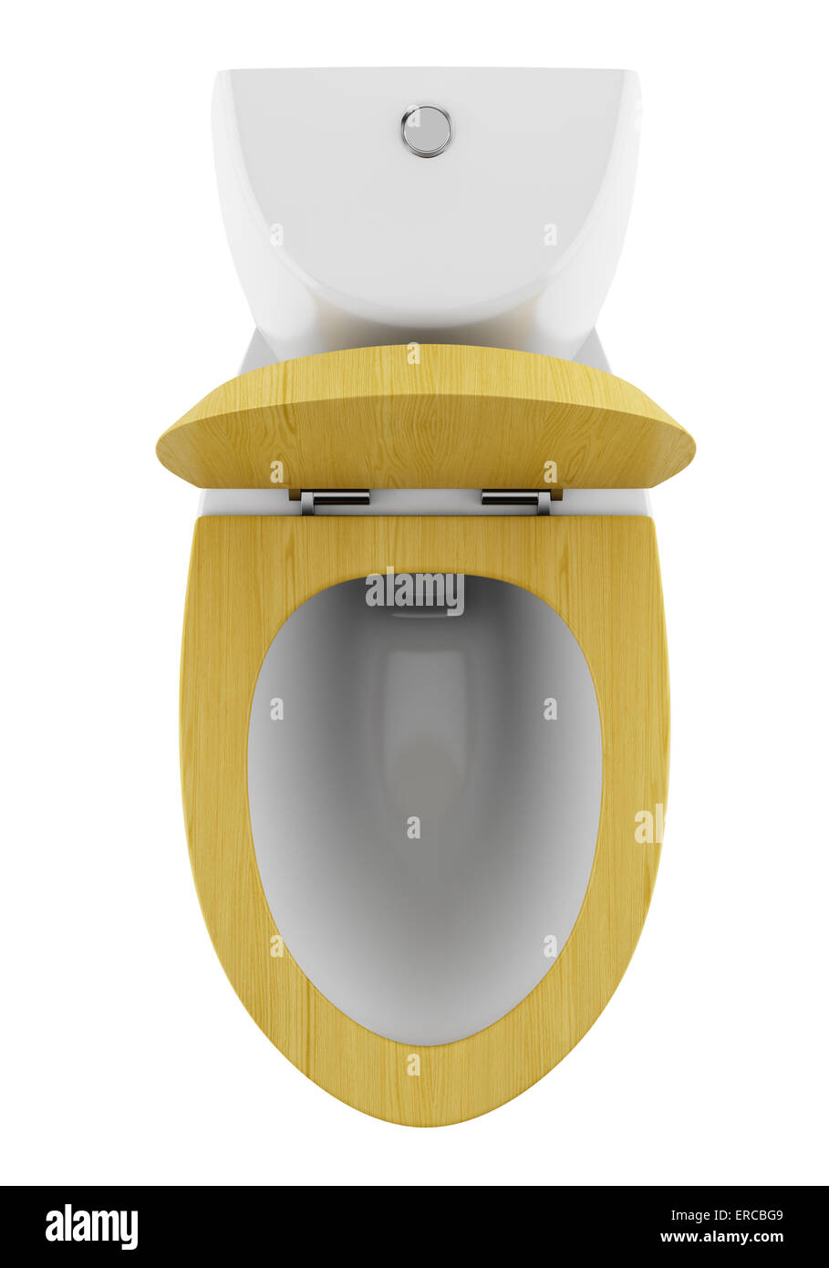 top view of modern toilet bowl with wooden cover isolated on white ...