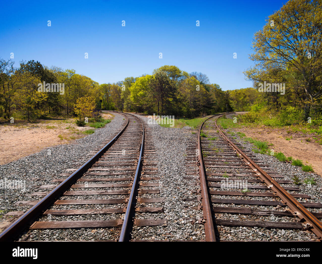 Railroad tracks splitting left and right as a concept for life's ...