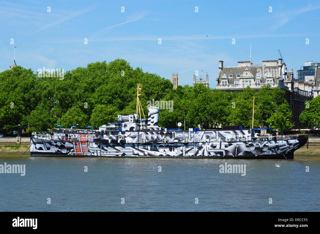 HMS President in WW1 dazzle camouflage, River Thames, London, England ...