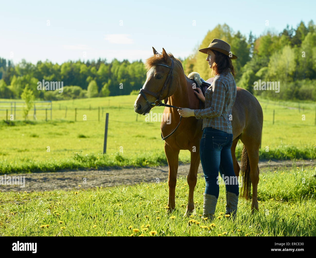 Cowgirl and pony together, sunny beautiful summer day Stock Photo - Alamy