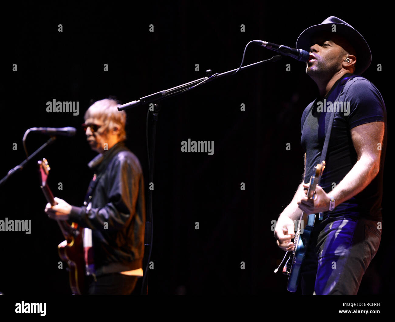 Mark Gardener (R), singer of British rock band Ride, performs on stage ...