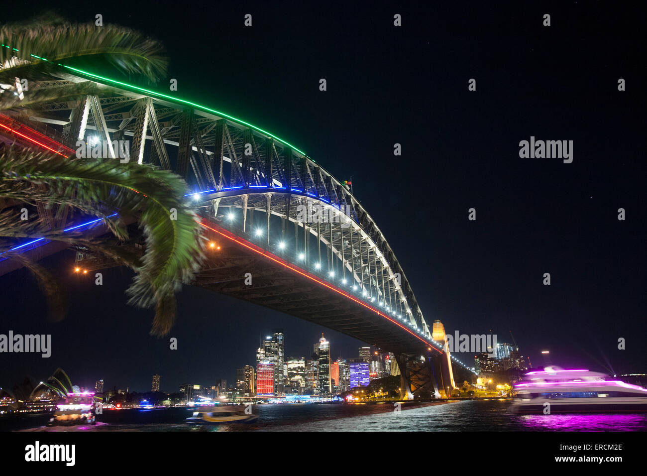 Vivid Sydney lighting festival, 2015, the Sydney Harbour Bridge is ...